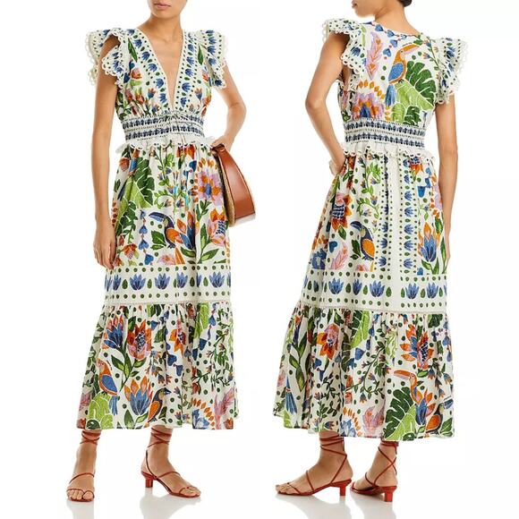 FARM Rio | Dresses | Farm Rio Summer Garden Maxi Dress Ruffle Smocked ...